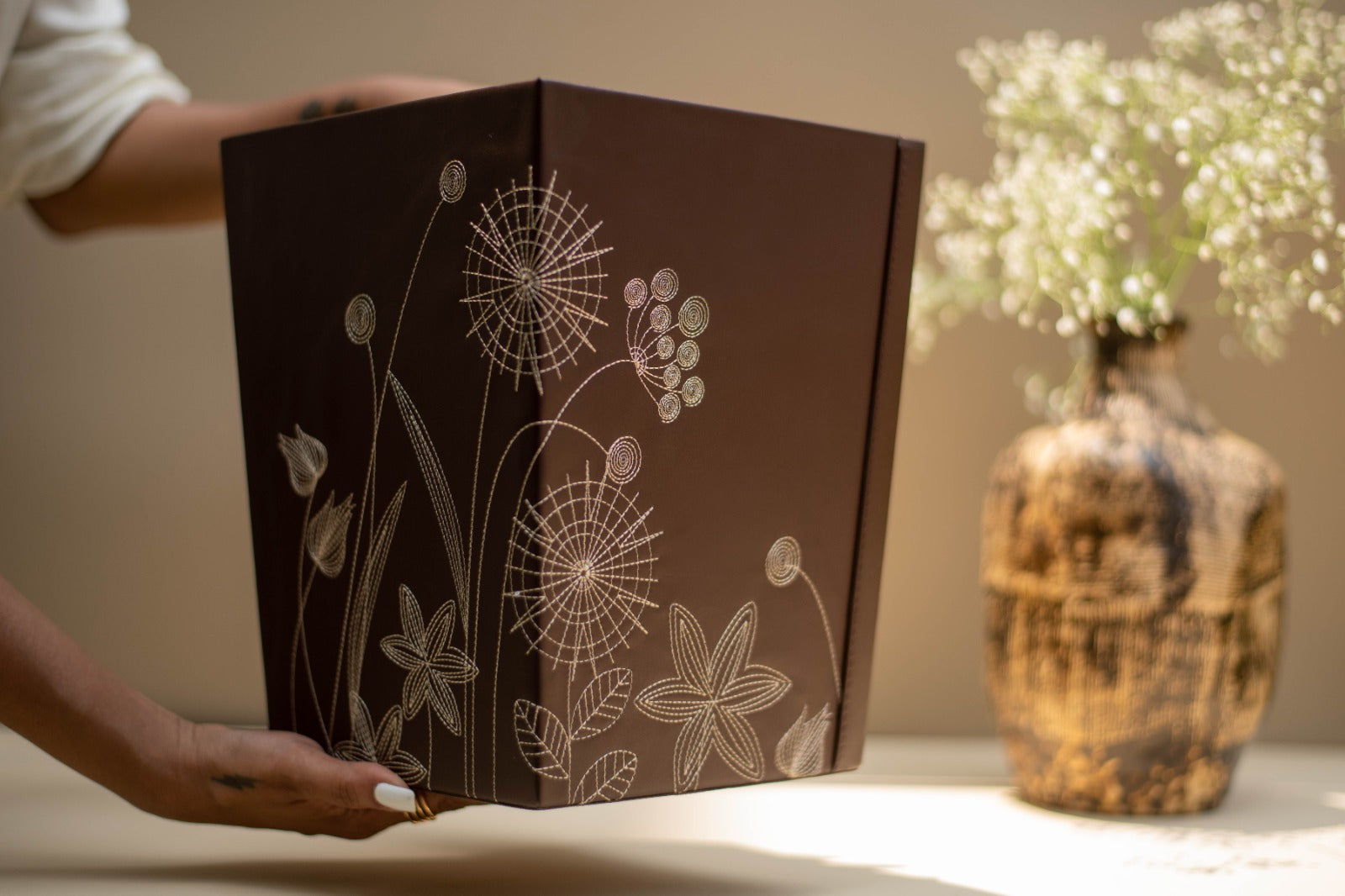 Elegant Floral Waste Bin or Planter - Bloom Large Vegan Leather Dustbin